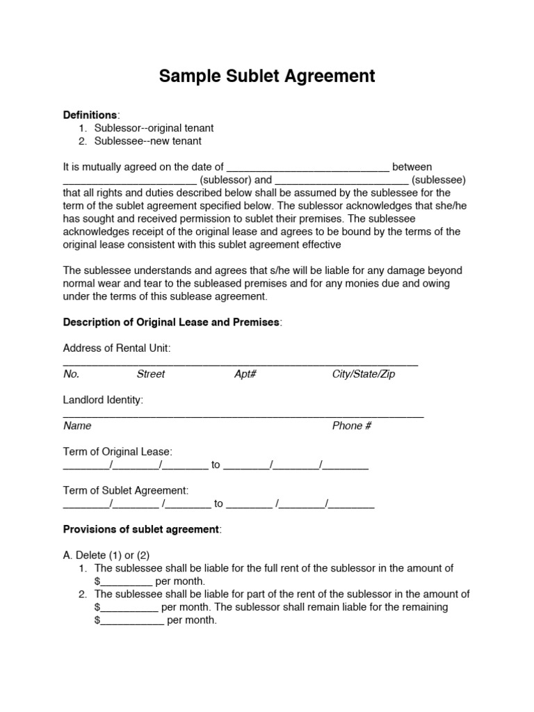 Sample Sublet Agreement | PDF | Lease | Landlord–Tenant Law