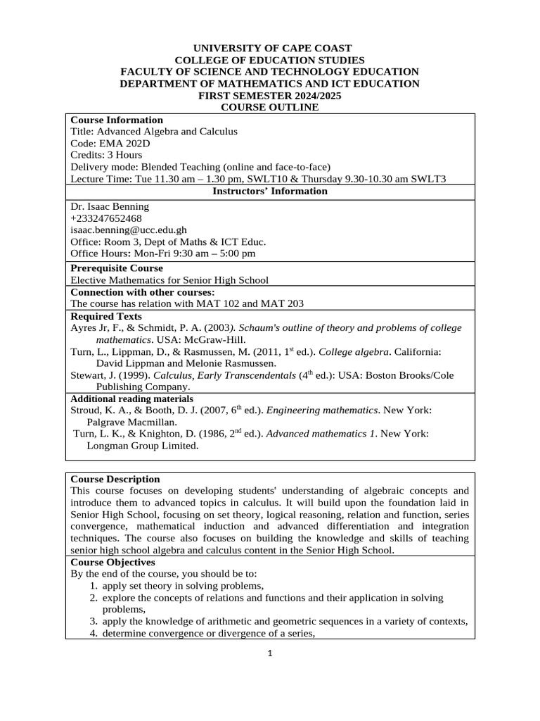 Advanced Algebra and Calculus EMA 202D | PDF | Function (Mathematics ...