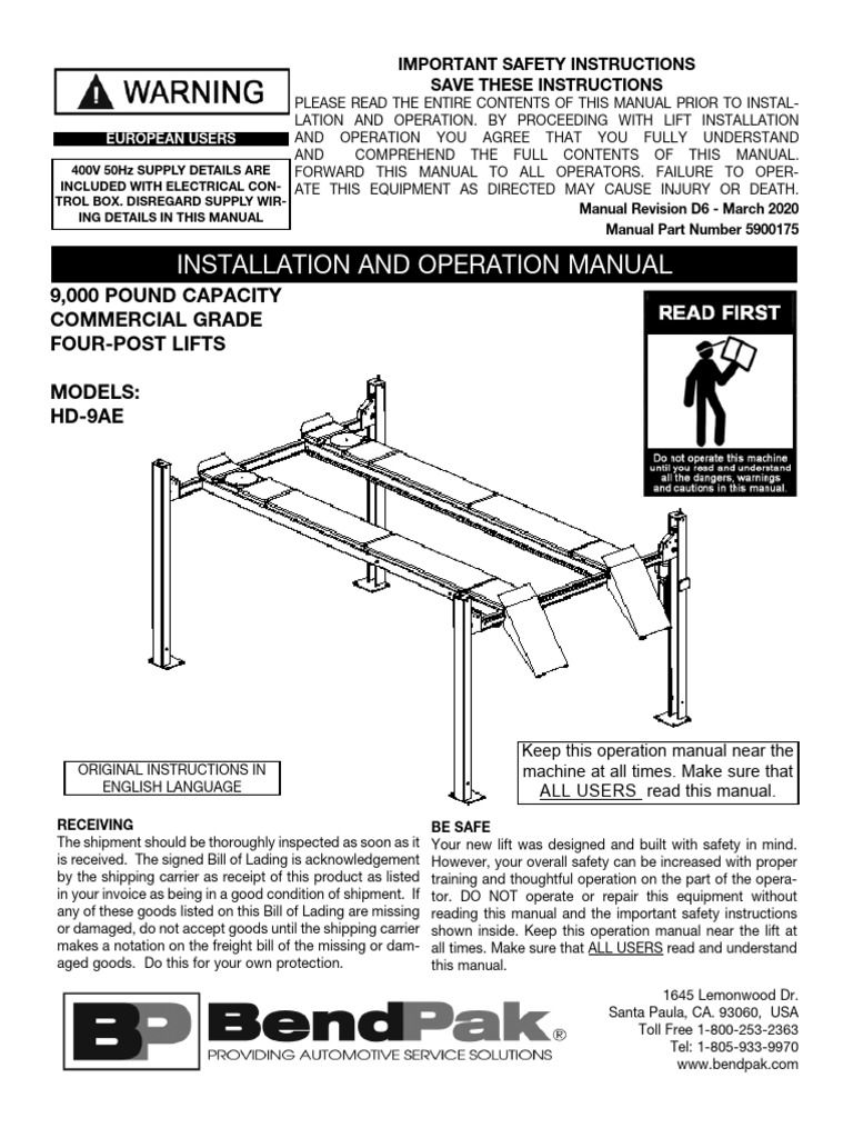 BendPak HD-9AE Four-Post Alignment Lift 5900175 Install-Oper Manual D6 ...