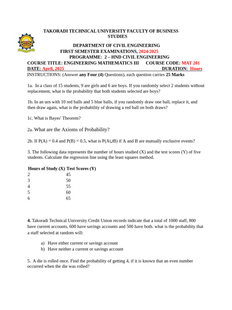 Takoradi Technical University Mat 201 Evening Class | PDF