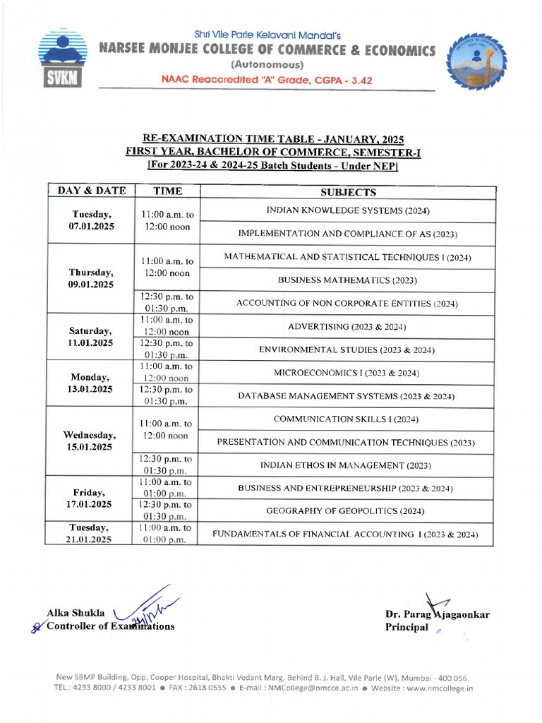 FY BCom Sem I Re-Examination Time Table January 2025 | PDF