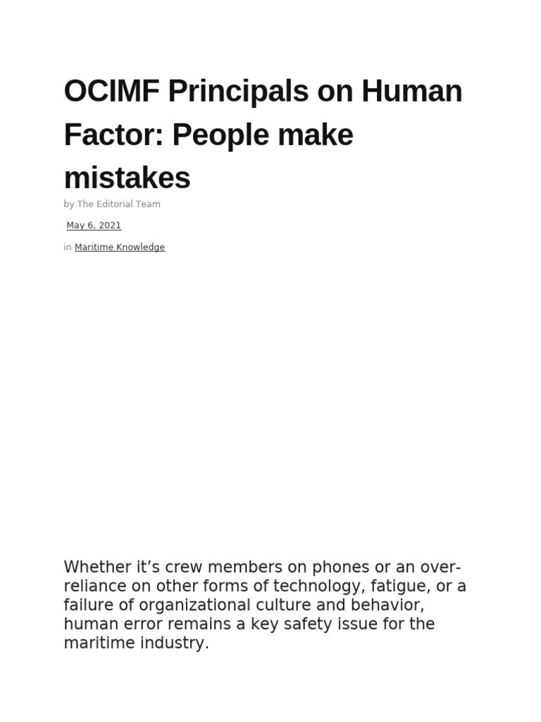 OCIMF Principals on Human Factor | PDF | Human Factors And Ergonomics ... OCIMF Principals on Human Factor | PDF | Human Factors And Ergonomics ...