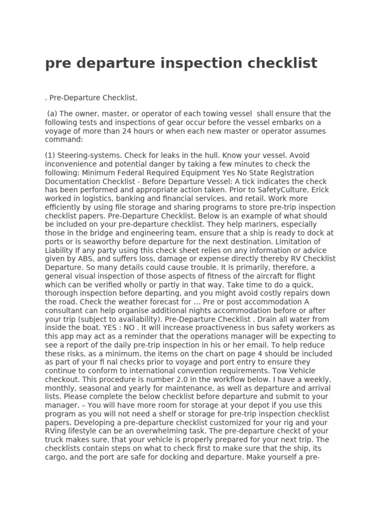 Pre Departure Inspection Checklist | PDF | Ships