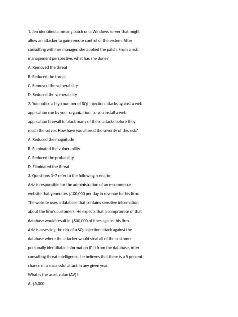 Quiz Risk Management & Data Privacy | PDF | Risk | Vulnerability ...