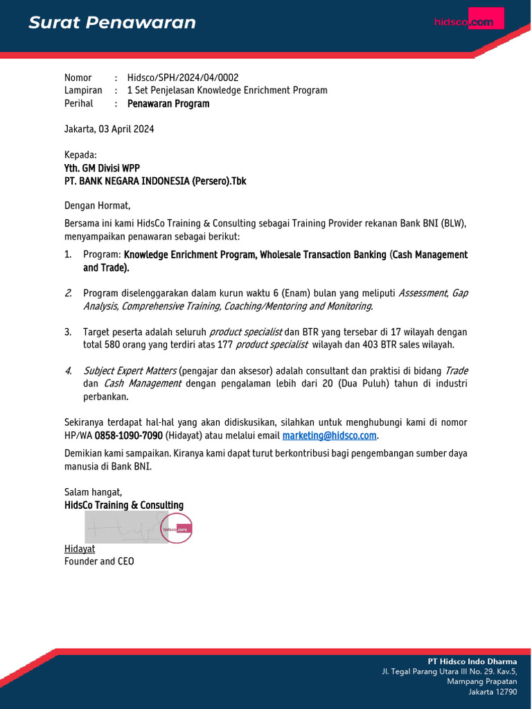 Surat Penawaran Knowledge Enrichment Program - Hidsco Training1 | PDF
