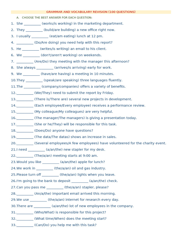 Elementary Workplace Grammar and Vocabulary Revision | PDF ...