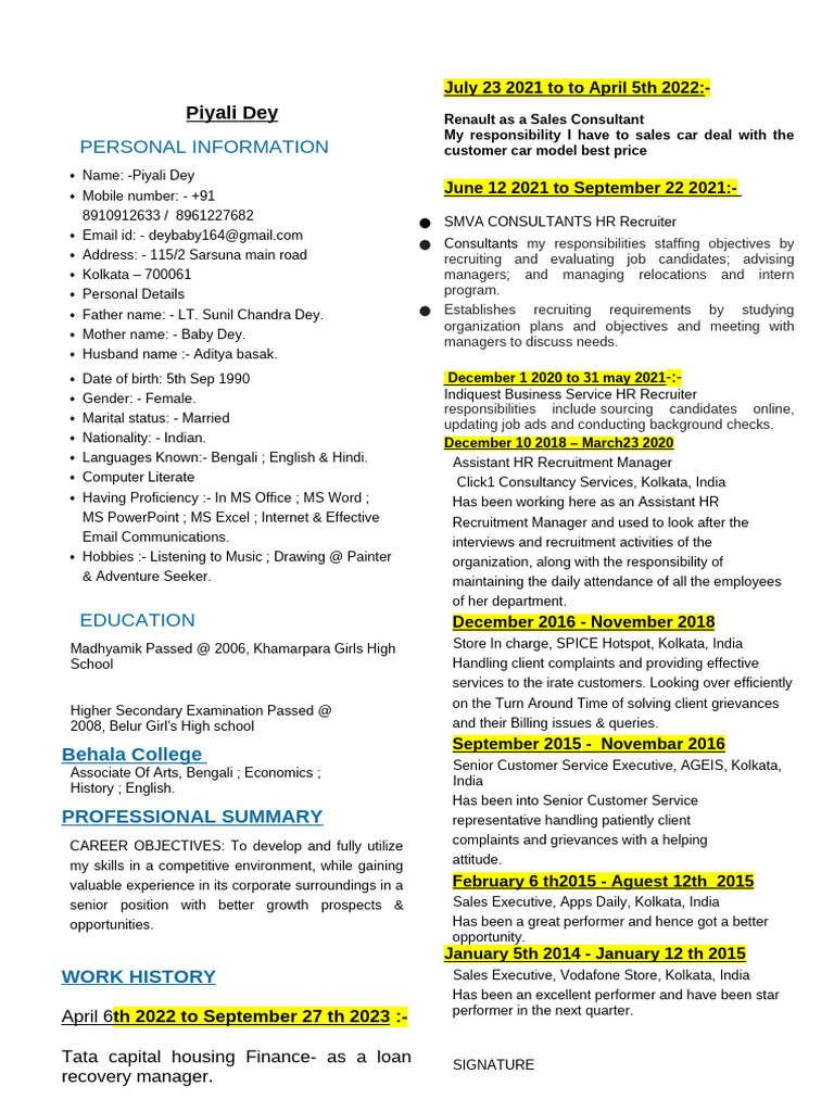 Piyali Dey Update Resume | PDF | Recruitment