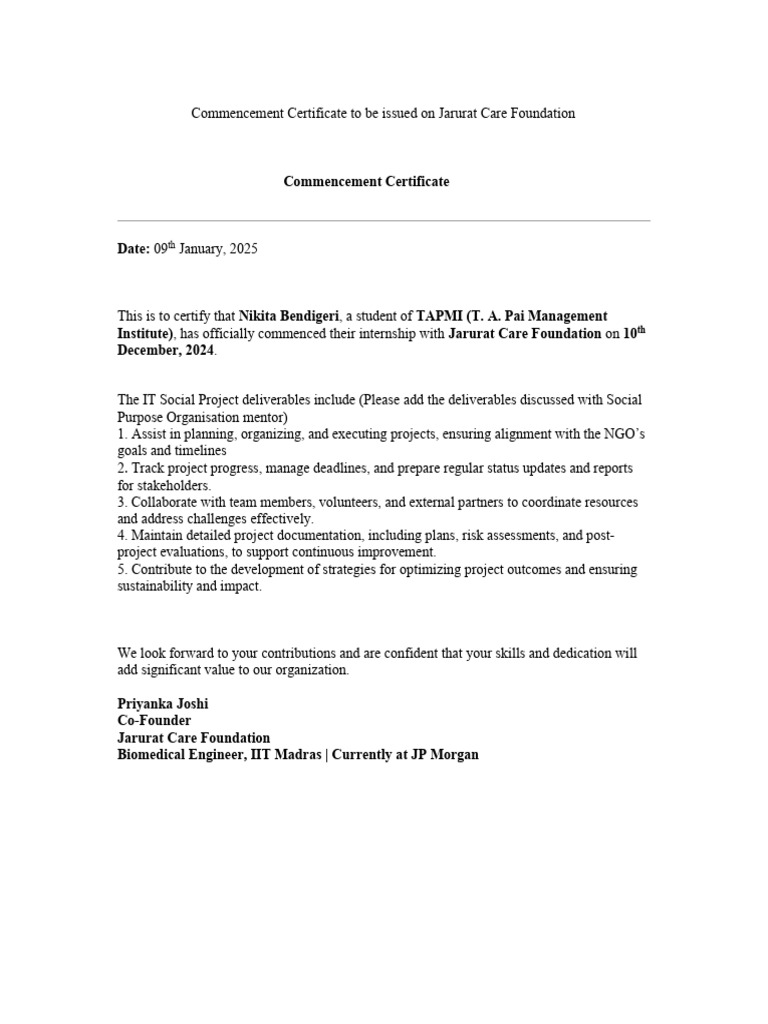 Commencement Certificate For Internship Pdf