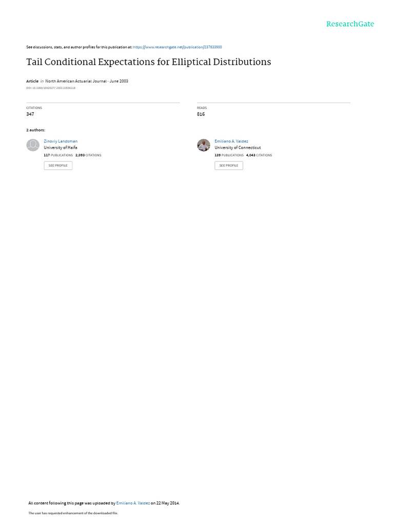 Tail Conditional Expectations For Elliptical Distr | PDF | Normal Distribution | Risk
