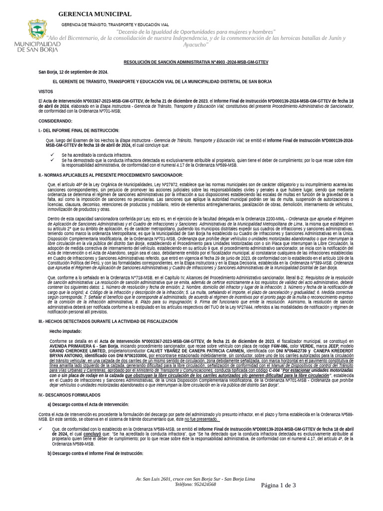RESA 4903-2024-MSB-GM-GTTEV PLACA F6W-086 | PDF | Multa (pena) | Justicia