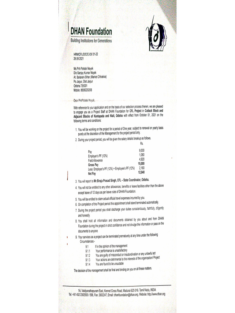 Joining Letter - Dhan Foundation | PDF