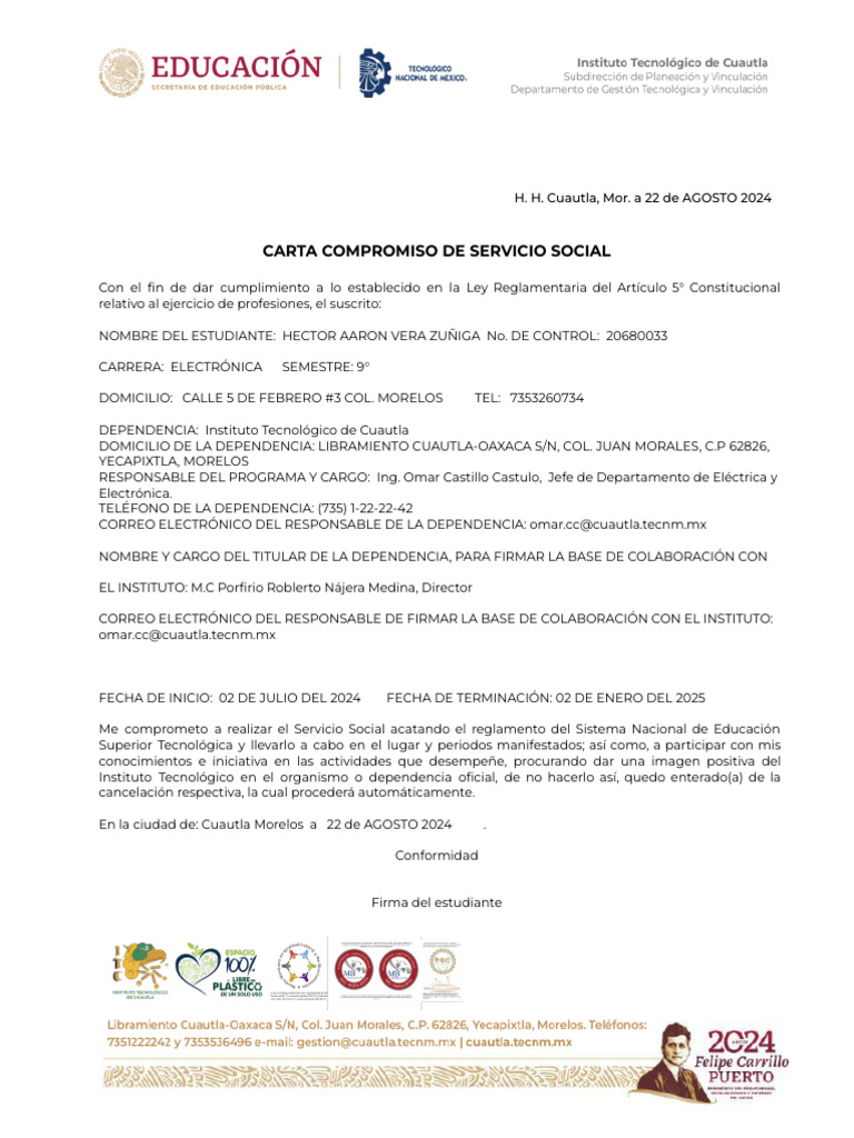 Carta Compromiso Servicio Social 2024 | PDF