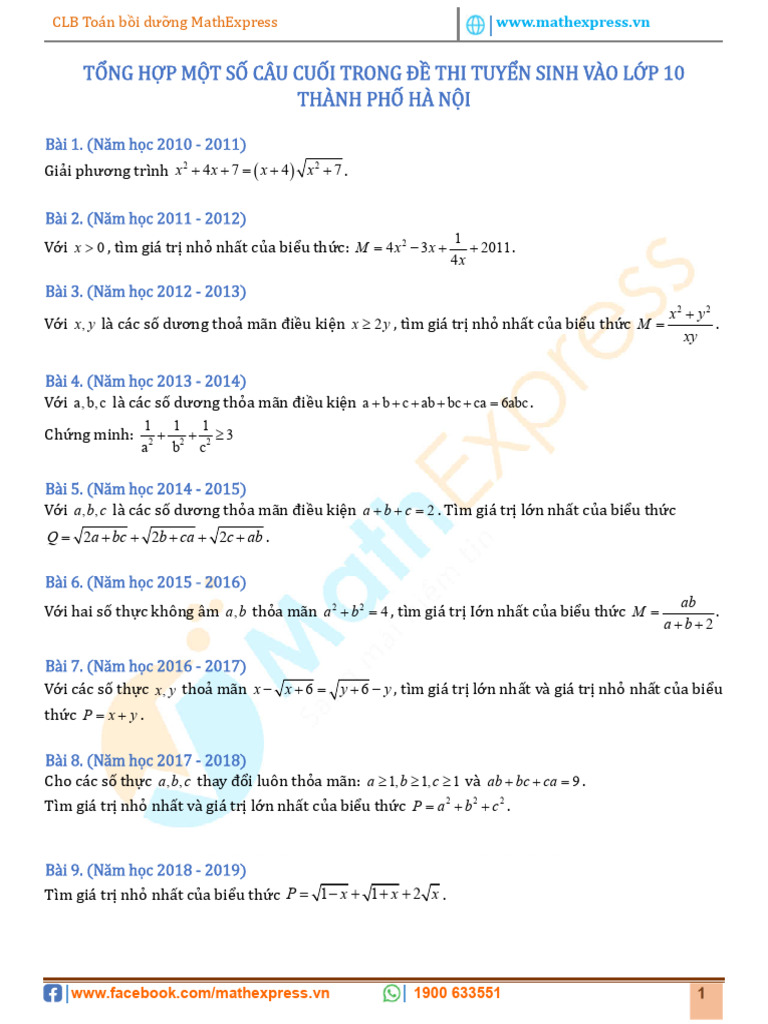 Tong Hop Mot So Cau Cuoi Trong de Thi Vao 10 Thanh Pho Ha Noi 1 | PDF
