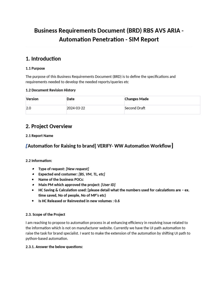 Template BRD 2.0 RBS AVS Automation Experts | PDF | Microsoft Excel ...