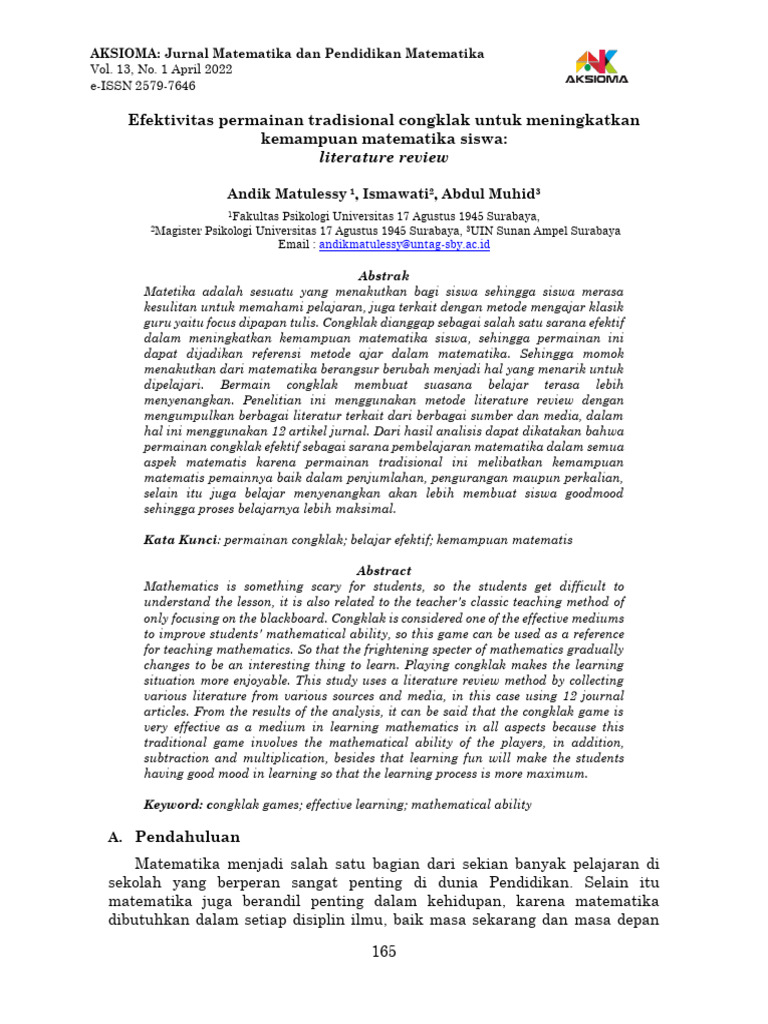 Efektivitas Permainan Tradisional Congklak Untuk Meningkatkan Kemampuan Matematika Siswa | PDF