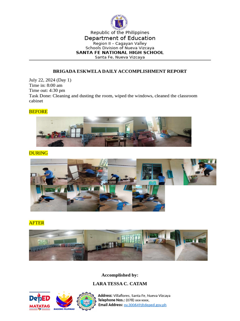 Brigada Eskwela Daily Accomplishment Report | PDF