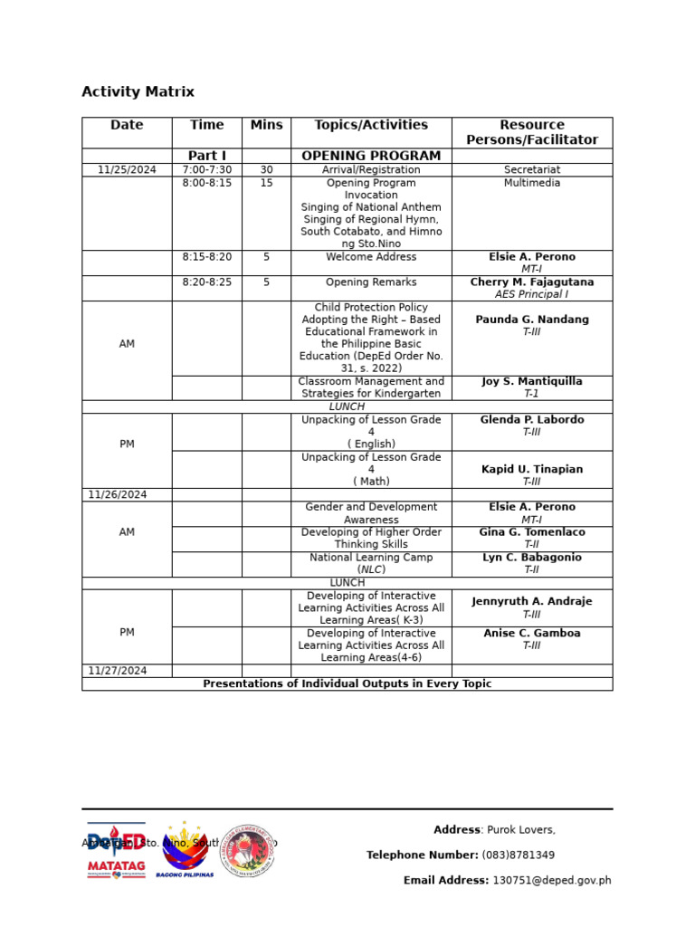 Matrix-of-Activity - MPRE 2024 | PDF | Learning | Behavior Modification
