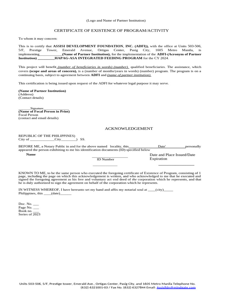 ADFI Hapag-Asa Feeding Program Certificate | PDF | Legal Documents ...
