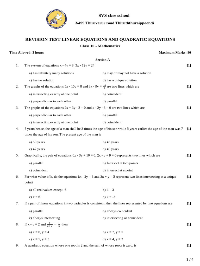 Class 10 Math Test: Linear & Quadratic Equations | PDF | Equations ...