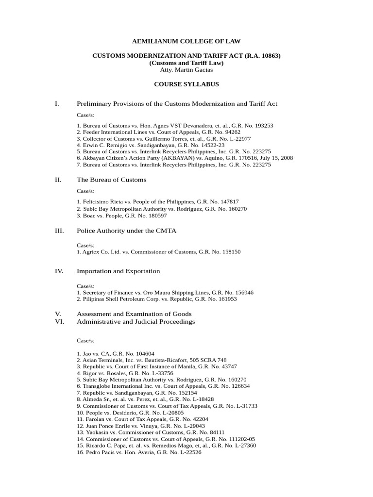 Tariff and Customs Laws Course Syllabus | PDF | Philippines | Exports