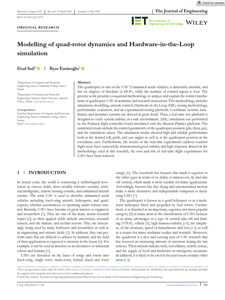 The Journal of Engineering - 2022 - Saif - Modelling of Quad Rotor Dynamics and Hardware in The ...