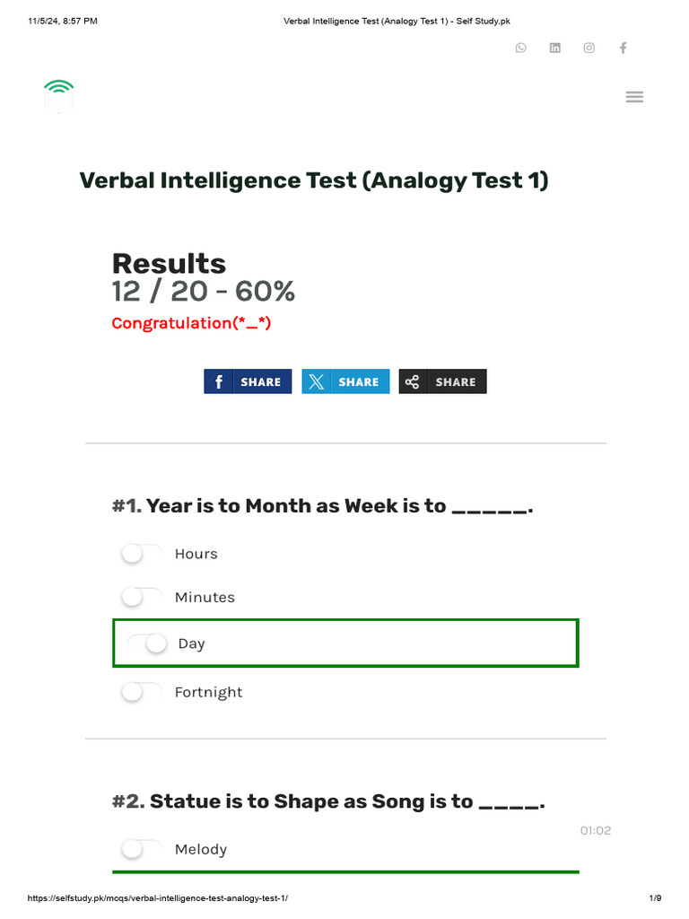Verbal Intelligence Test (Analogy Test 1) - Self Study.pk | PDF