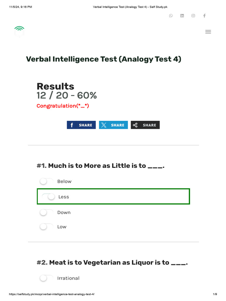 Verbal Intelligence Test (Analogy Test 4) - Self Study - PK | PDF