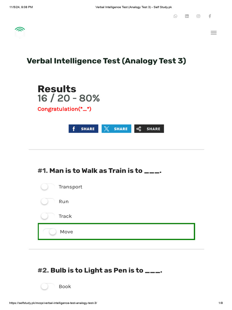 Verbal Intelligence Test (Analogy Test 3) - Self Study - PK | PDF