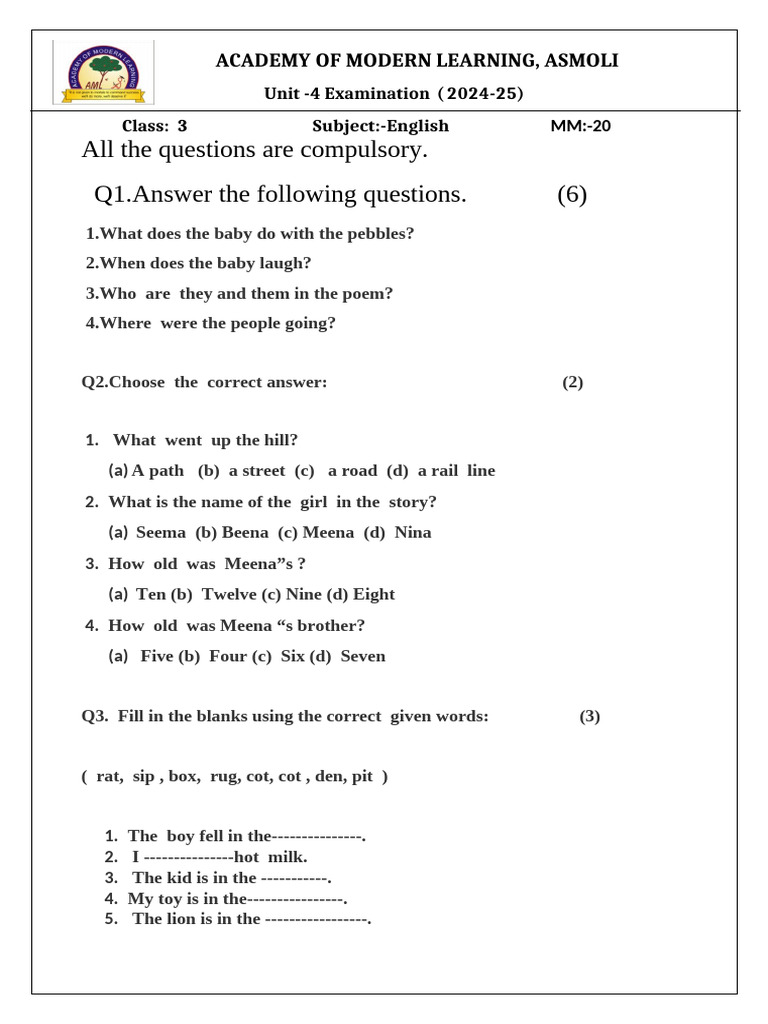Class 3 English Unit 4 2025 Test Paper | PDF