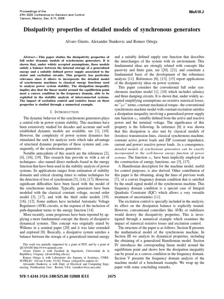 Dissipativity Properties of Detailed Models of Synchronous Generators | PDF | Ac Power | Physics