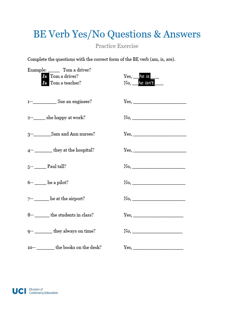 تمارينBE Verb Yes No Questions Answers Practice Exercise | PDF