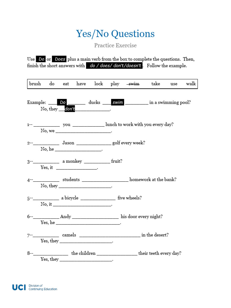 تمارين Yes No Questions Practice Exercise | PDF