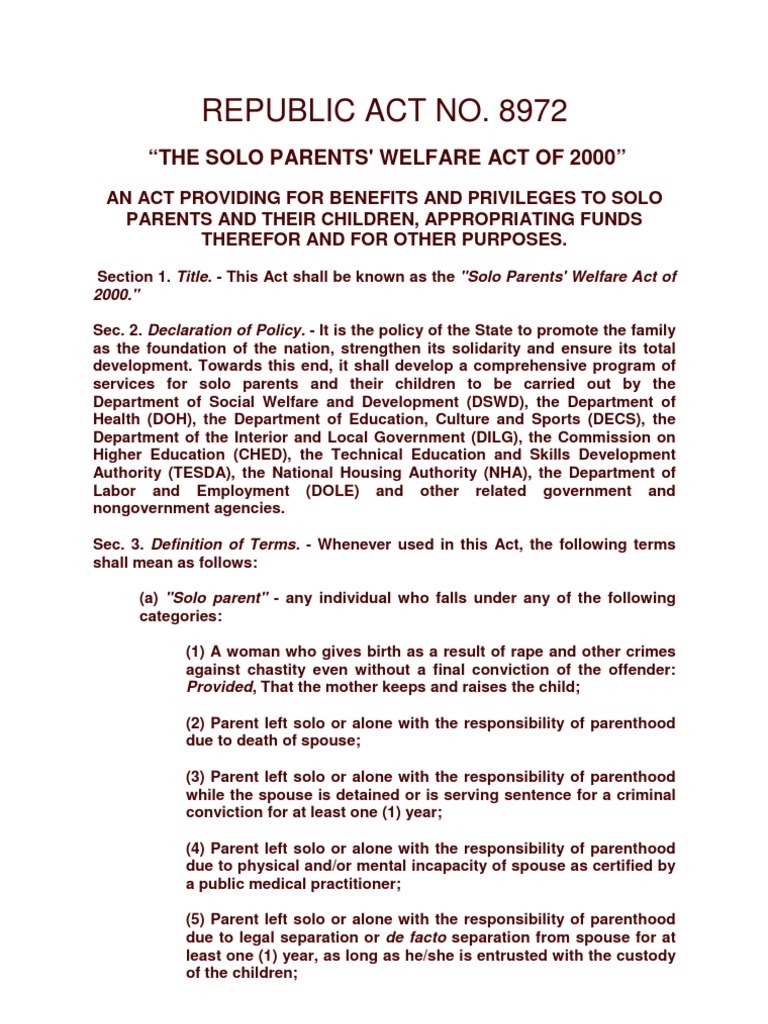 RA 8972 - Solo Parents Welfare Act of 2000 | PDF | Law | Wellness
