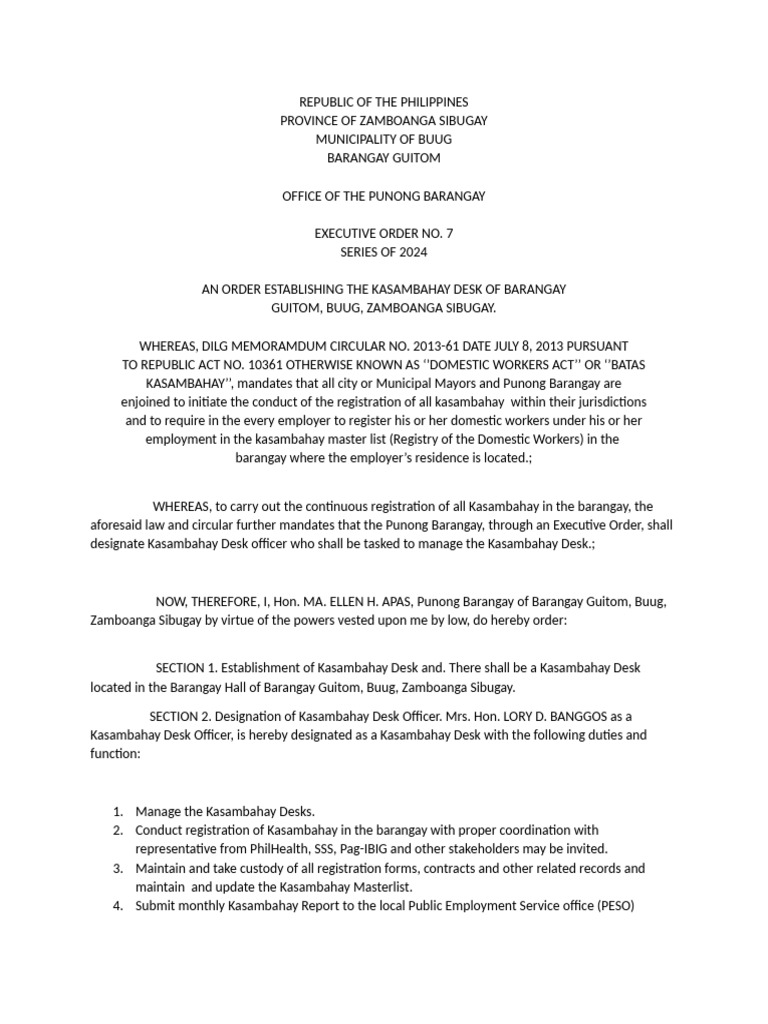 Eo of Kasambahay Desk Officer | PDF | Government | Justice