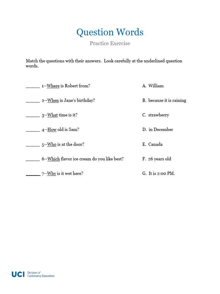 Question Words Practice Exercise | PDF
