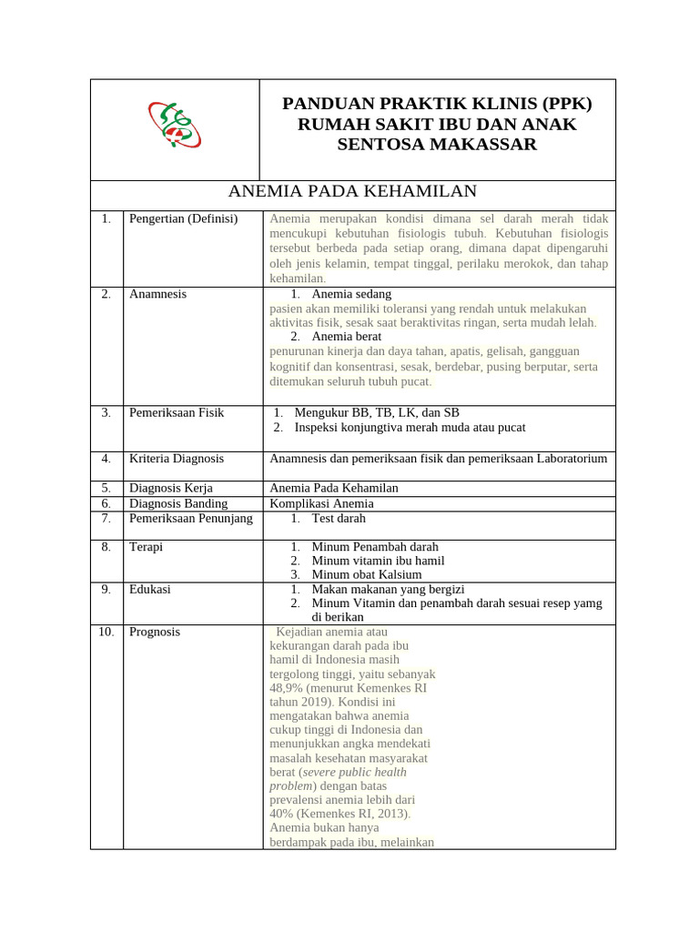 PPK Anemia Pada Kehamilan Poliklinik | PDF