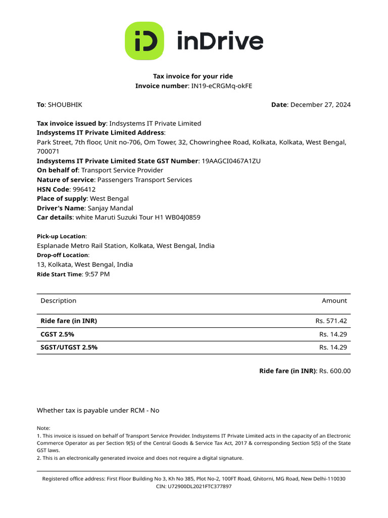Inddriver Kolkata Invoice Details | PDF
