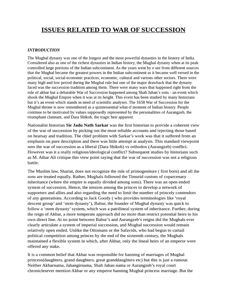 Issues Related To War of Succession | PDF | Mughal Empire