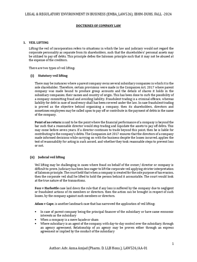 Key Doctrines in Company Law | PDF | Corporations | Business Law