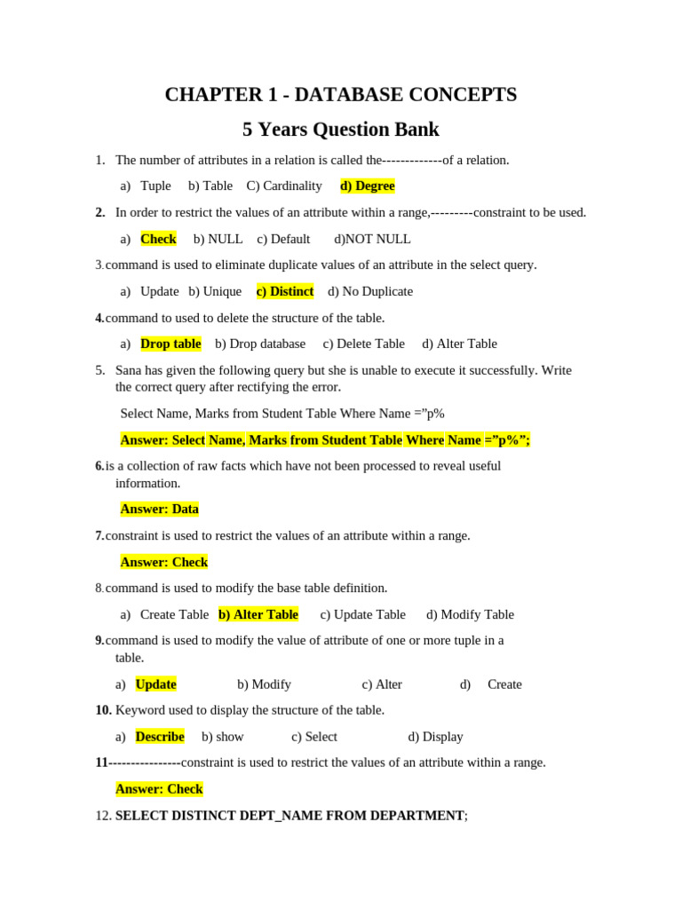 Class 12 IT Database Concepts 5 years Question Bank | PDF | Relational Database | Table (Database)