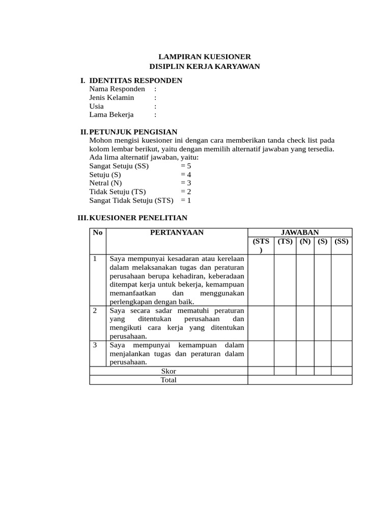 Kuesioner Disiplin Kerja Karyawan | PDF