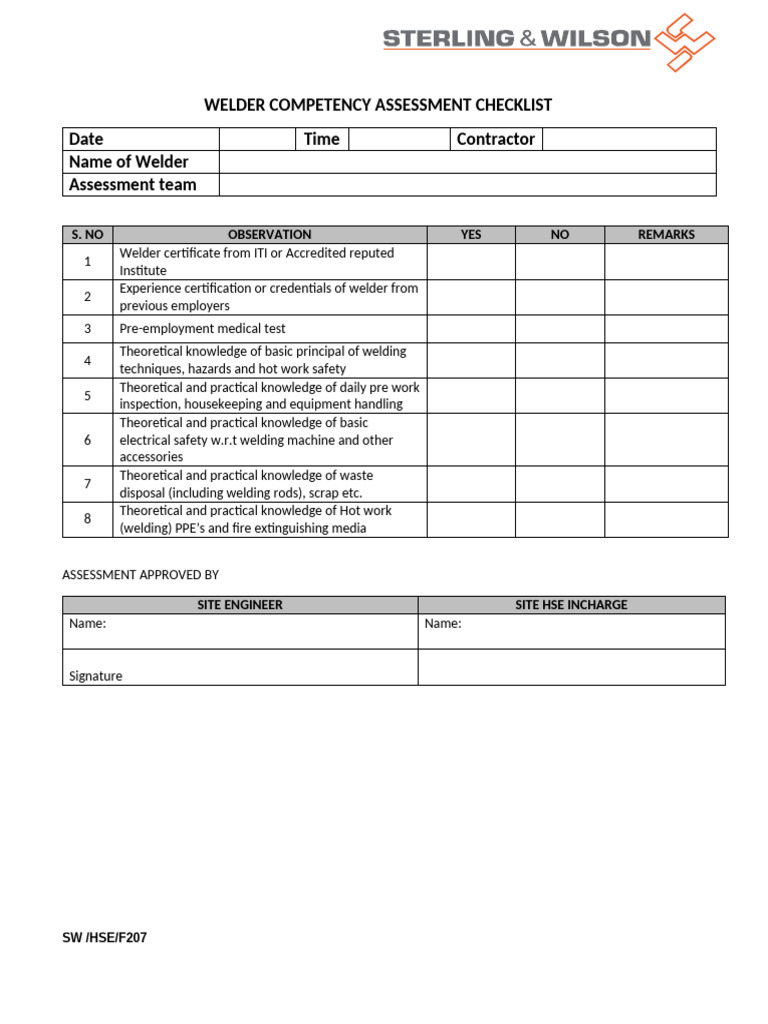 Welder Competency Assessment Checklist | PDF