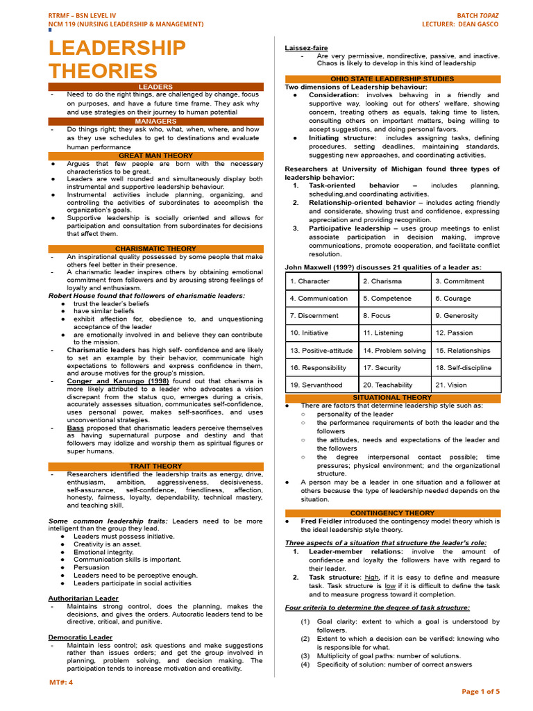 Nursing Leadership Theories | PDF | Leadership | Psychology