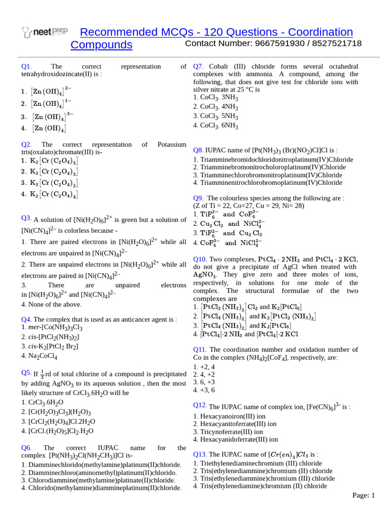 Coordination Compounds MCQs Guide | PDF | Ligand | Inorganic Chemistry