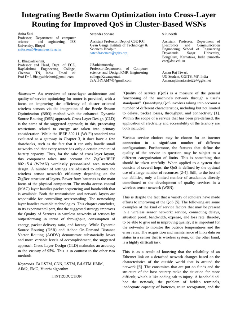 Integrating Beetle Swarm Optimization Into Cross Layer Routing For Improved Qos In Cluster Based