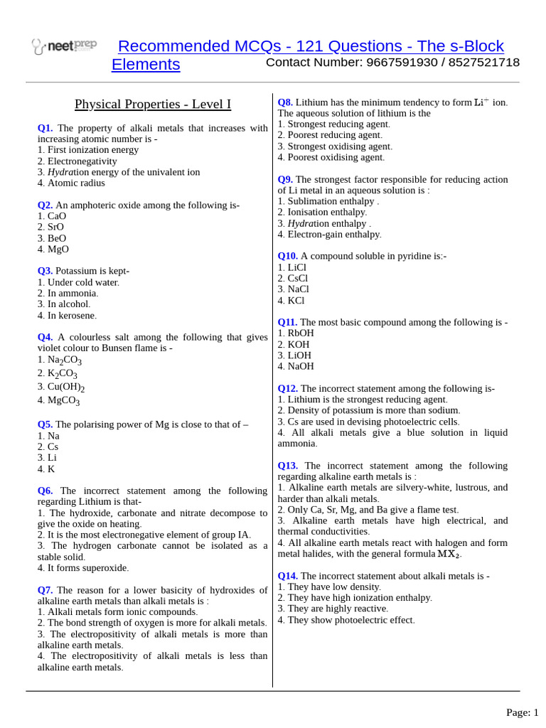10 - The s-Block Elements | PDF | Sodium | Hydroxide