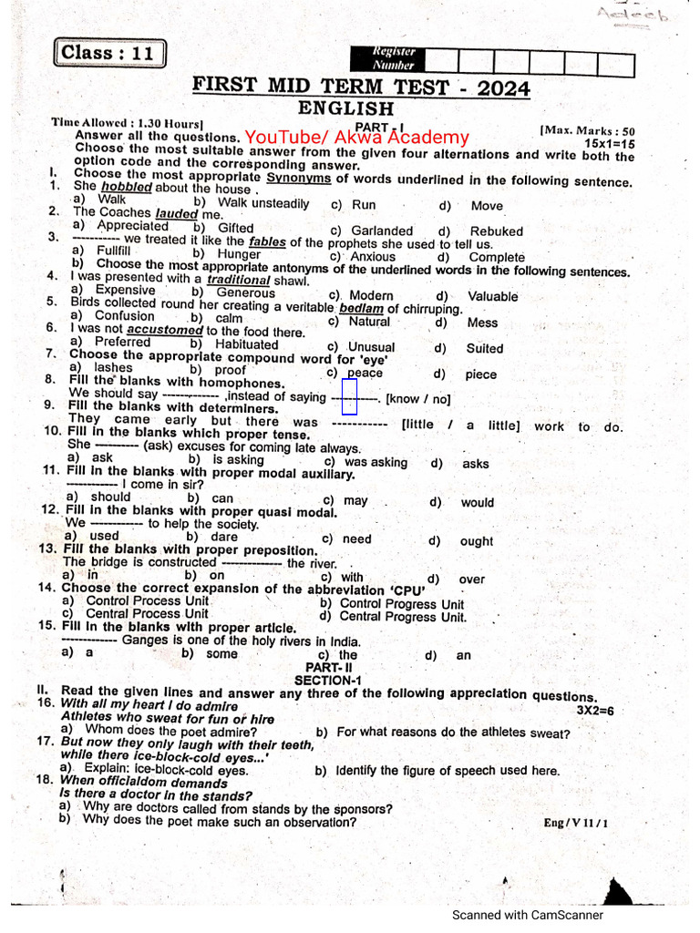 11th English 1st Mid Term Test 2024 Original Question Paper Tirupattur ...