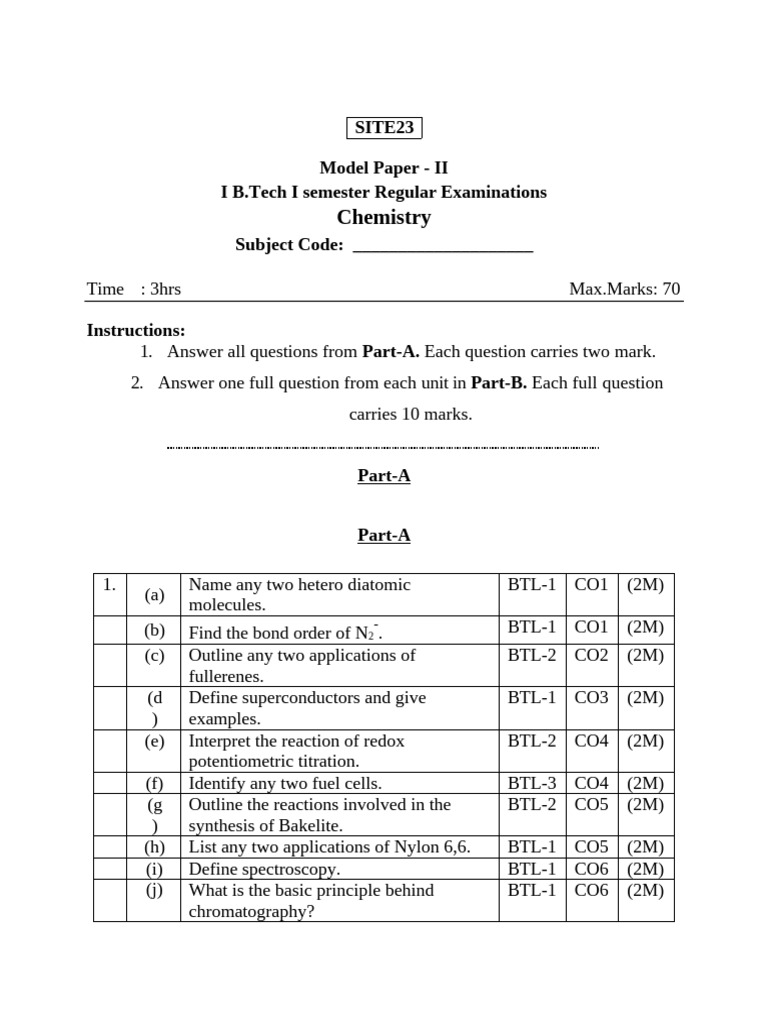 Chemistry Model Paper for I B.Tech Exams | PDF | Molecules | Chemical Bond
