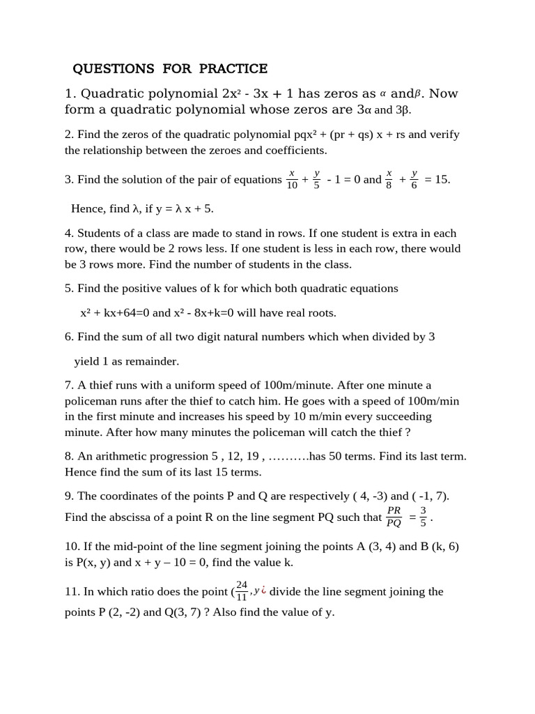 CSK W Class X Practice Qns | PDF | Polynomial | Zero Of A Function