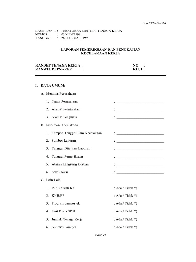 Lampiran II - Laporan Pemeriksaan Dan Pengkajian Kecelakaan Kerja | PDF